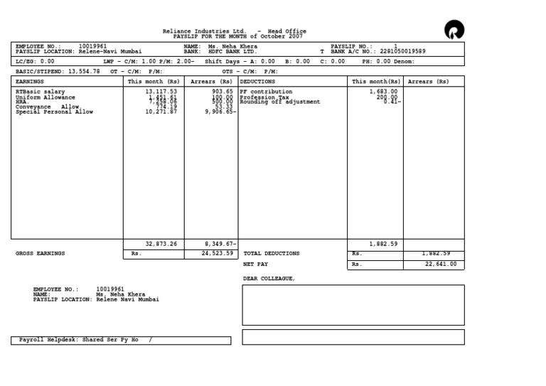 Reliance Industries LTD Head Office PAYSLIP | PDF