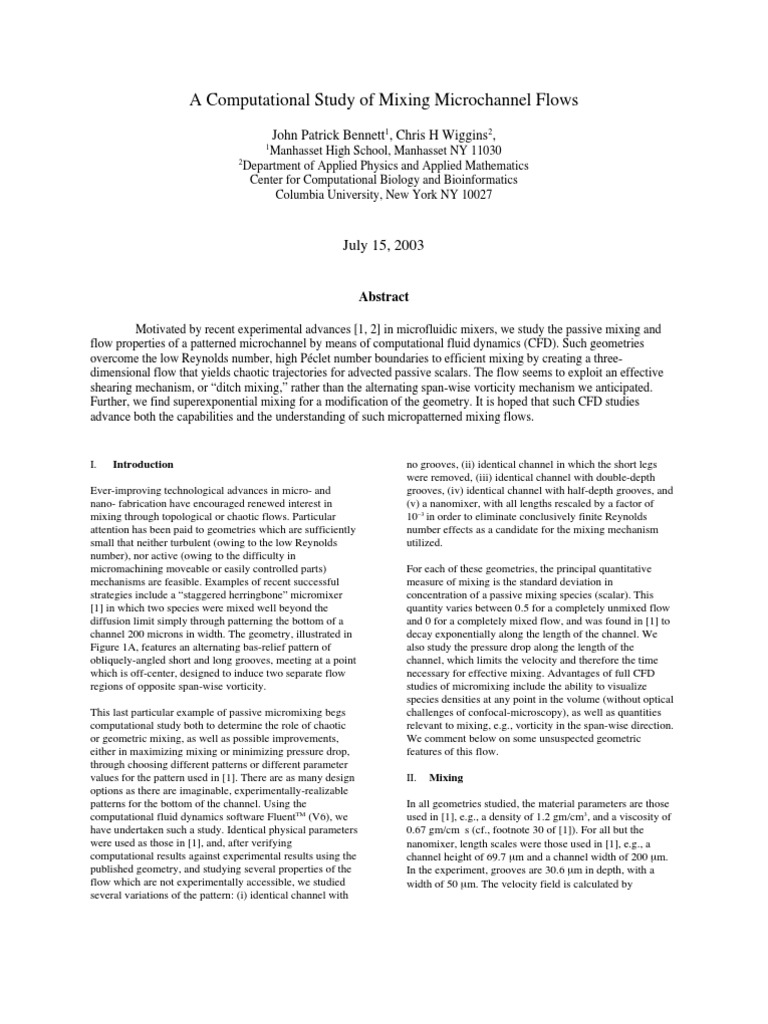 A Computational Study of Mixing Microchannel Flows: July 15, 2003 | PDF ...