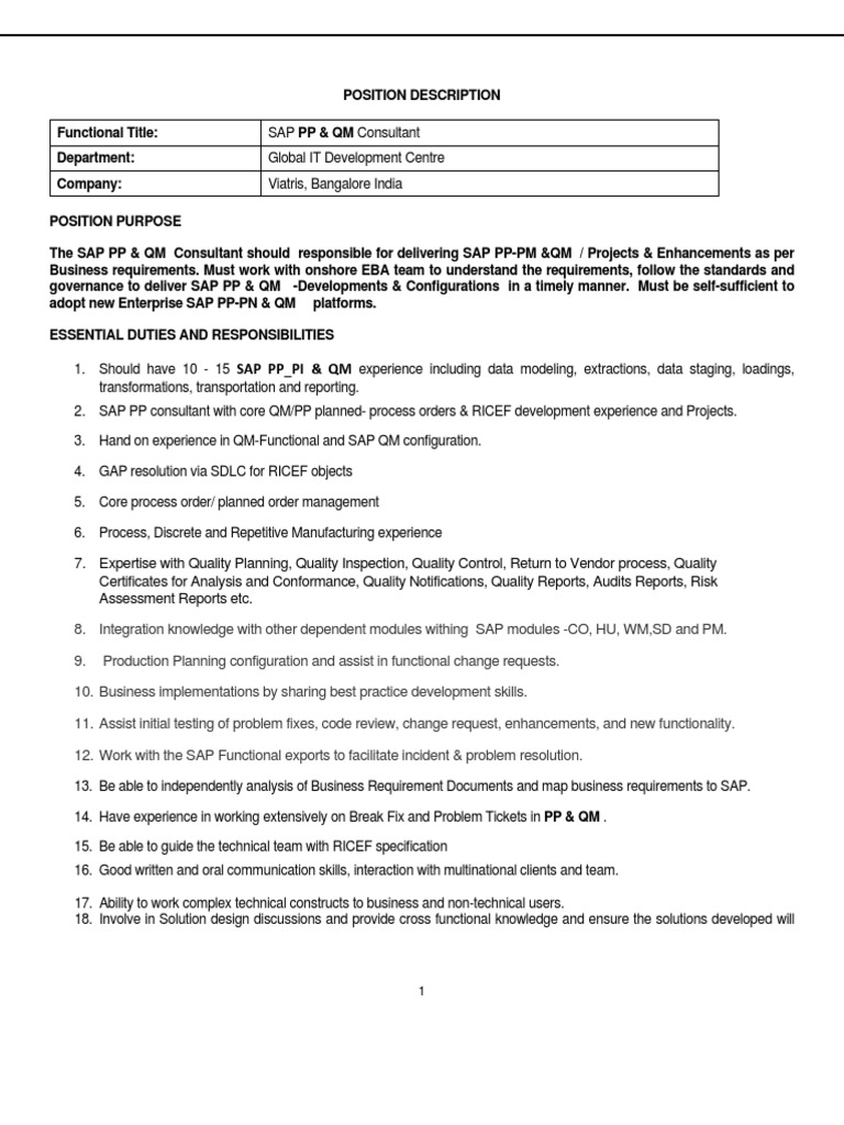 JD - SAP PP QM (Manufacturing) | PDF | Information Technology ...