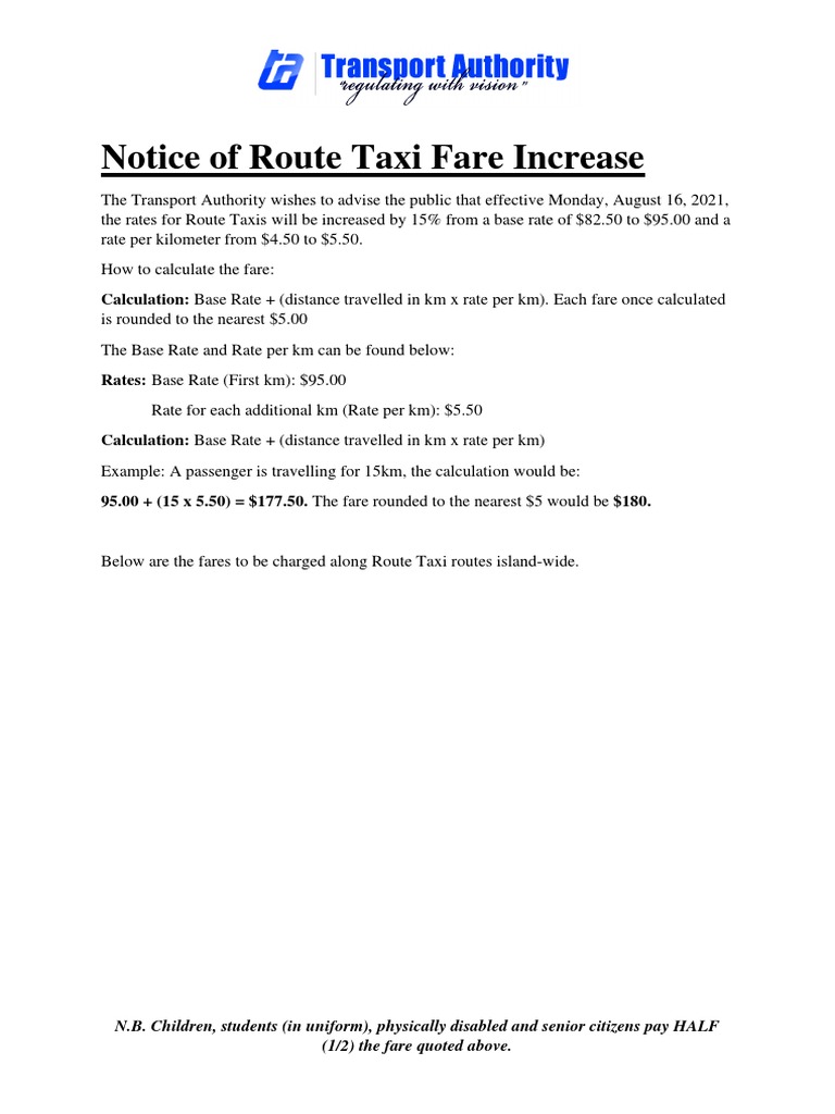 Notice of Route Taxi Fare Increase 2021 | PDF | Fare | Economics Of ...