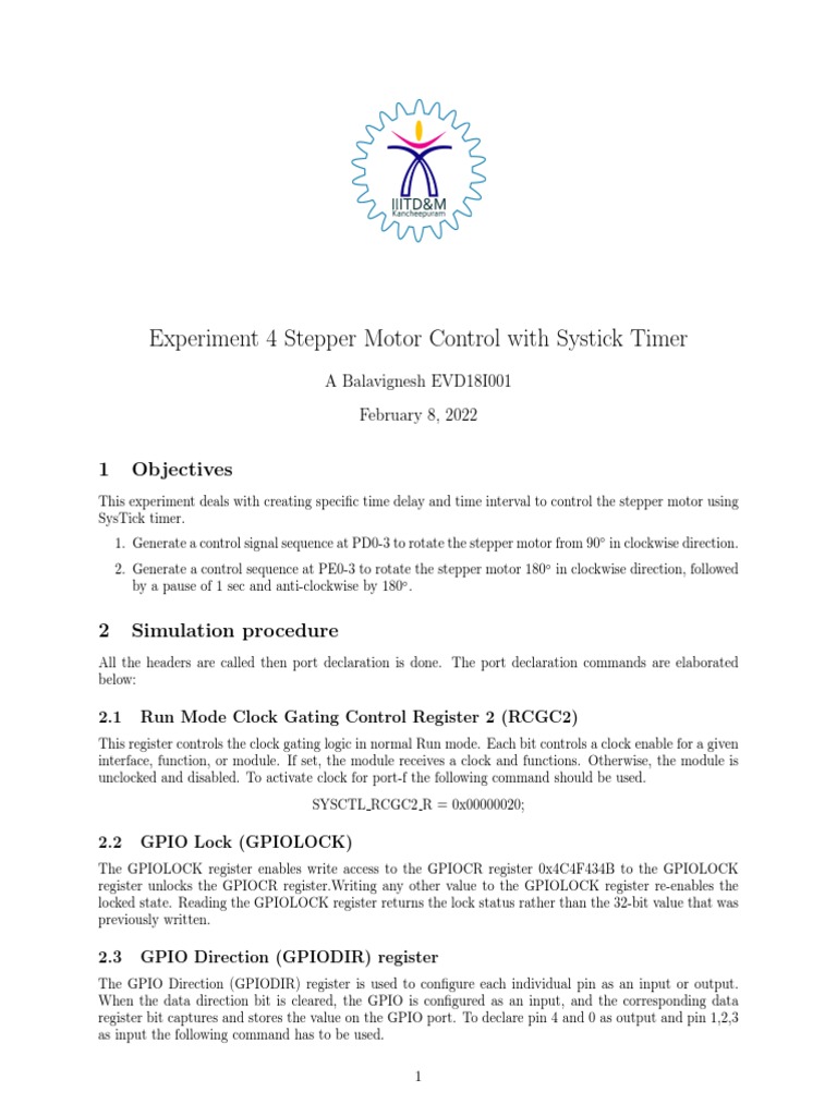 Experiment 4 Stepper Motor Control With Systick Timer: 1 Objectives | PDF | Analogue Electronics ...