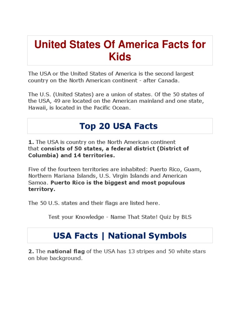 United States of America Facts For Kids | PDF | The United States ...