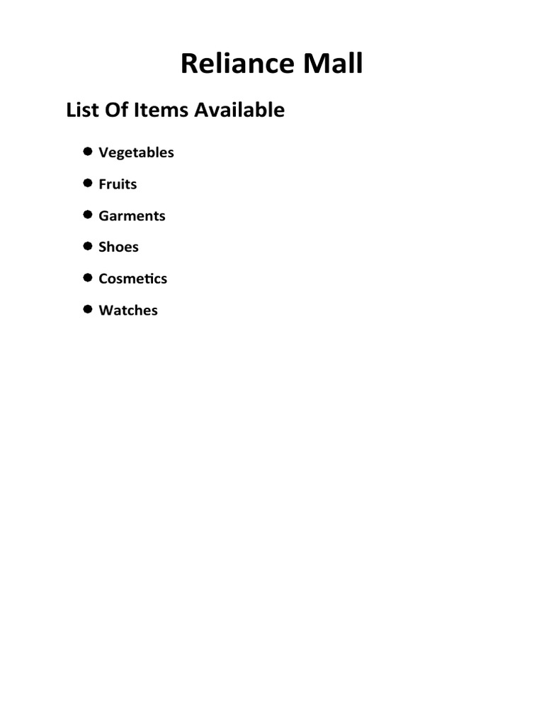 Reliance Mall: List of Items Available | PDF