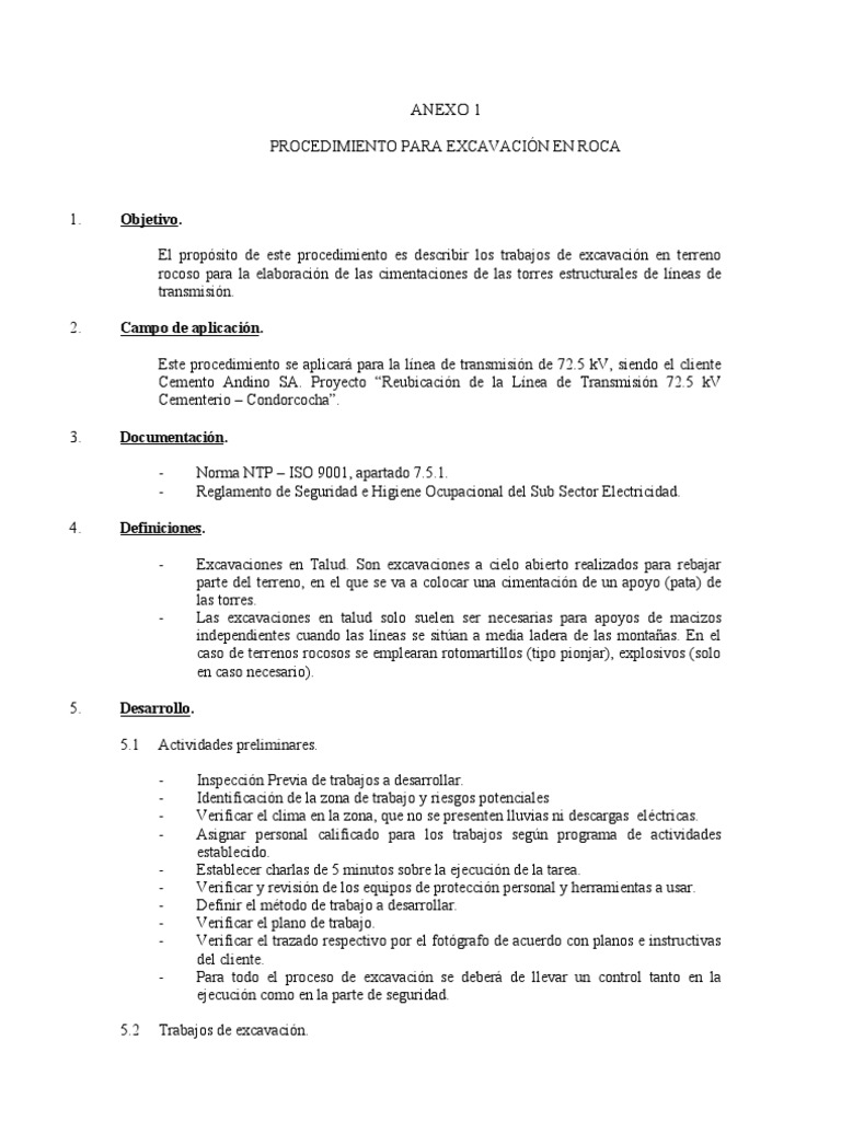 Anexo 1 Procedimiento Excavacion en Roca | PDF | Excavación ...