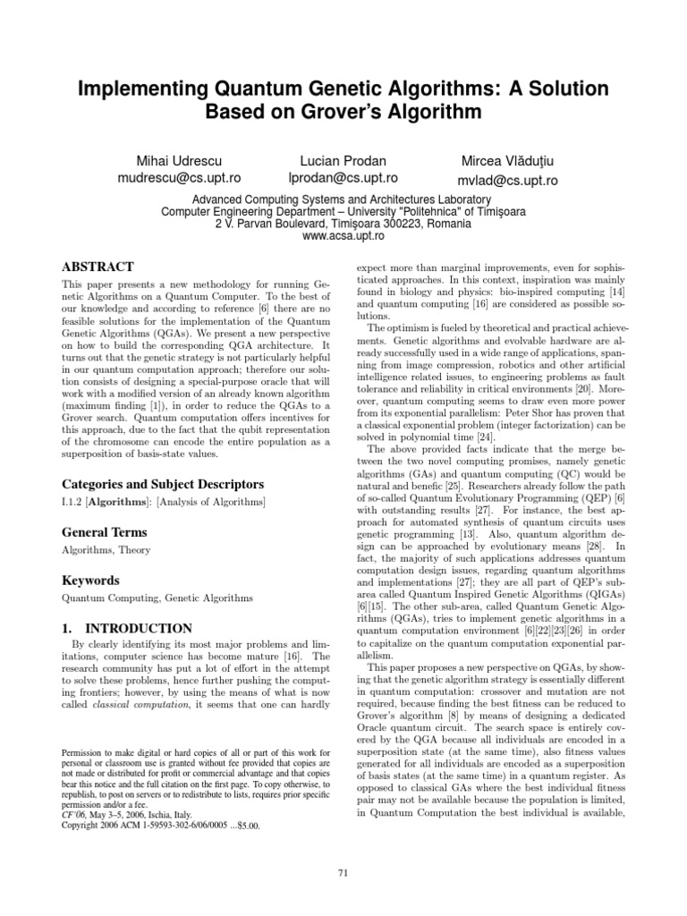 Implementing Quantum Genetic Algorithms: A Solution Based On Grover's Algorithm | PDF | Quantum ...