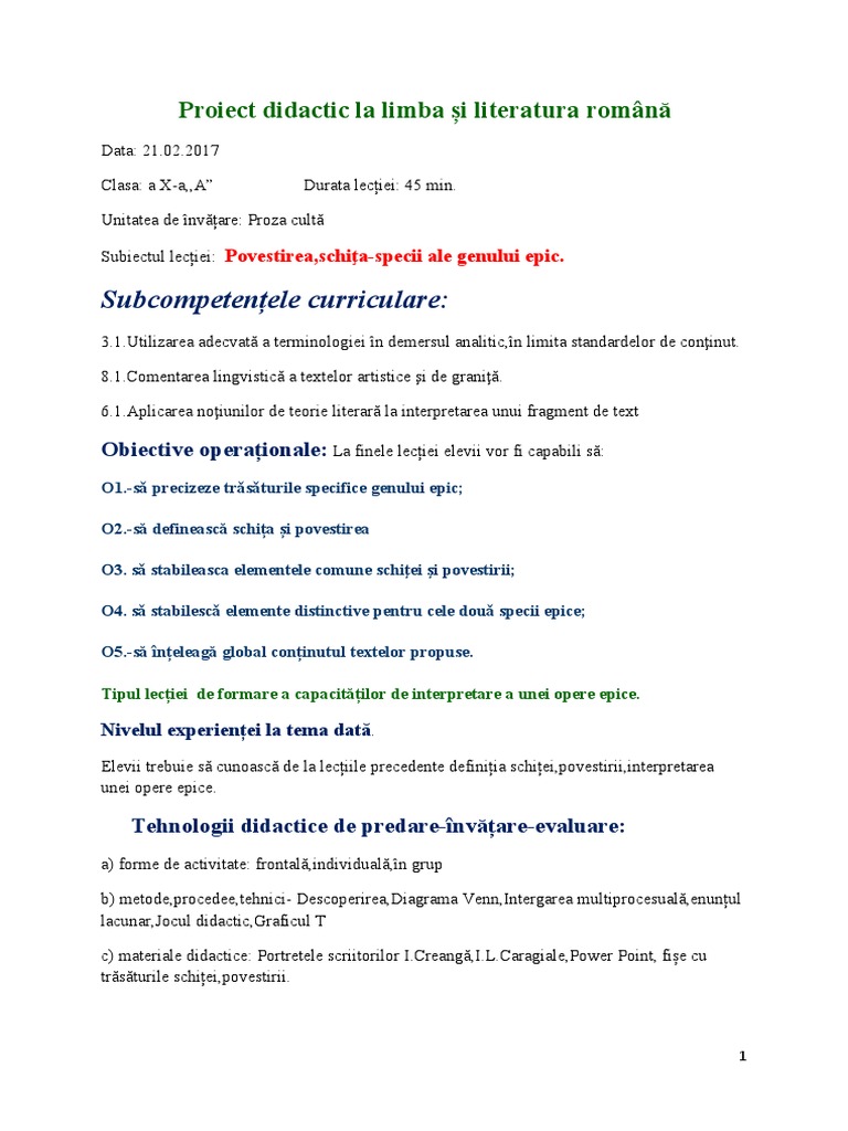 Povestirea Schita cl.10 Proiect Didactic | PDF