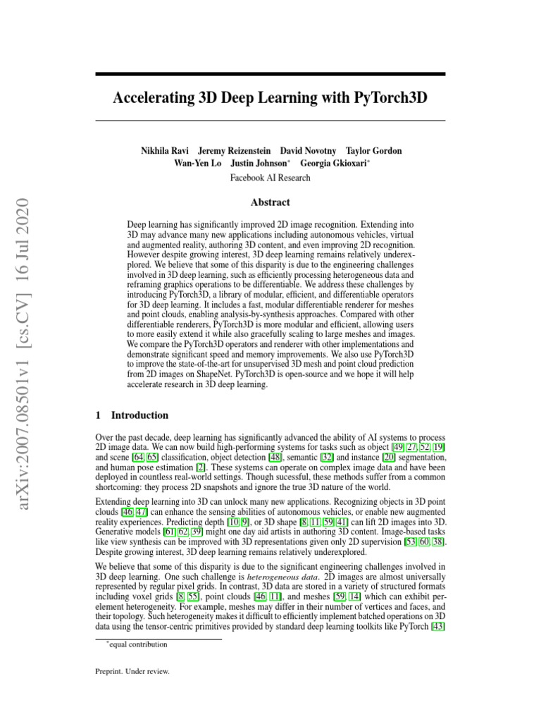 Accelerating 3D Deep Learning With Pytorch3D: Equal Contribution ...