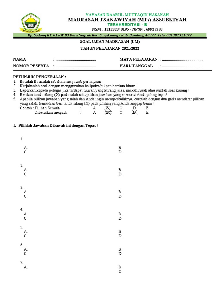 Revisi Format Soal Ujian Madrasah Ma 2021 - 2022 MTS | PDF