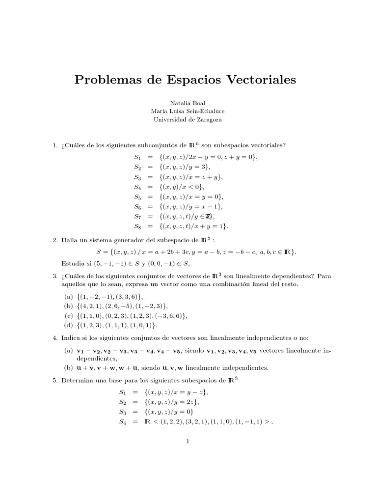 Problemas Espacios Vectoriales | PDF | Espacio vectorial | Subespacio lineal