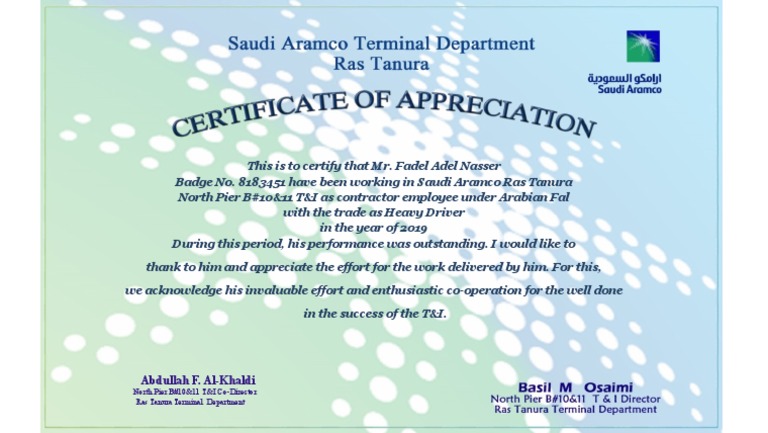 Abdullah F. Al-Khaldi: North Pier B#10&11 T&I Co-Director Ras Tanura ...