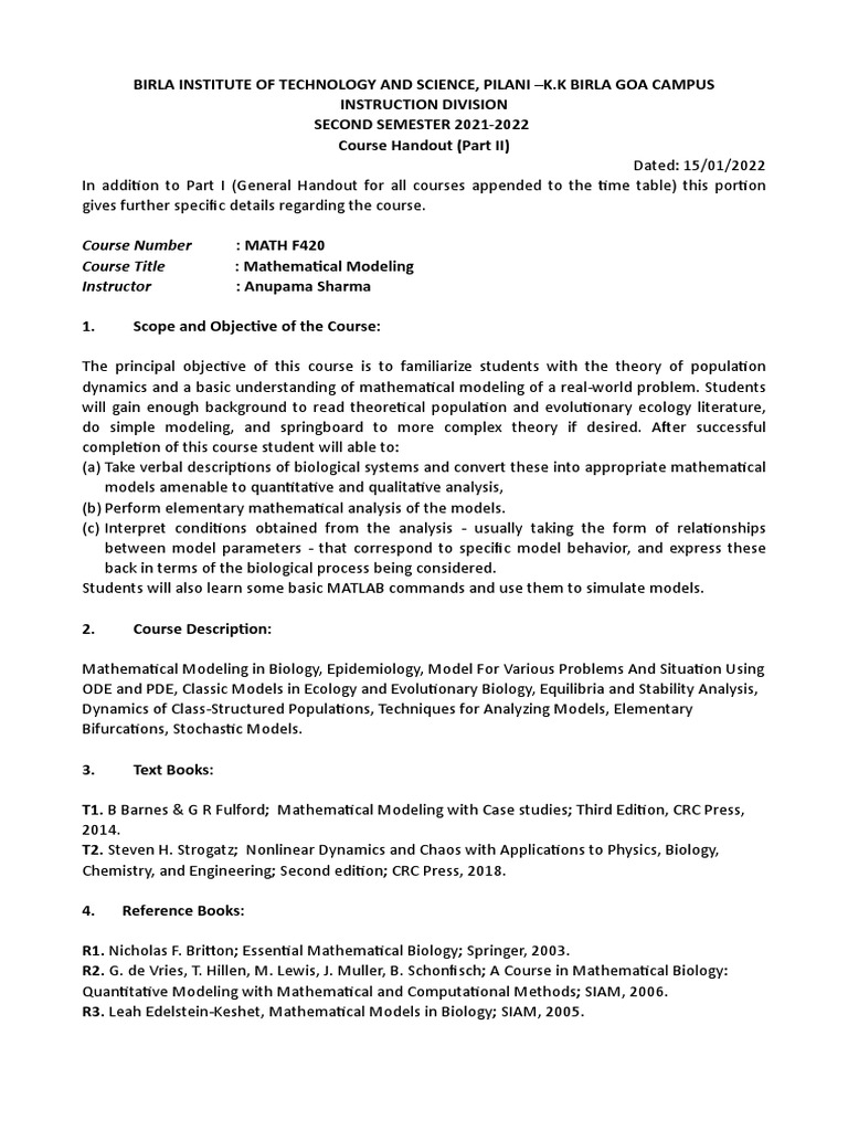 Course Number Course Title: Mathemamcal Modeling Instructor: Anupama ...