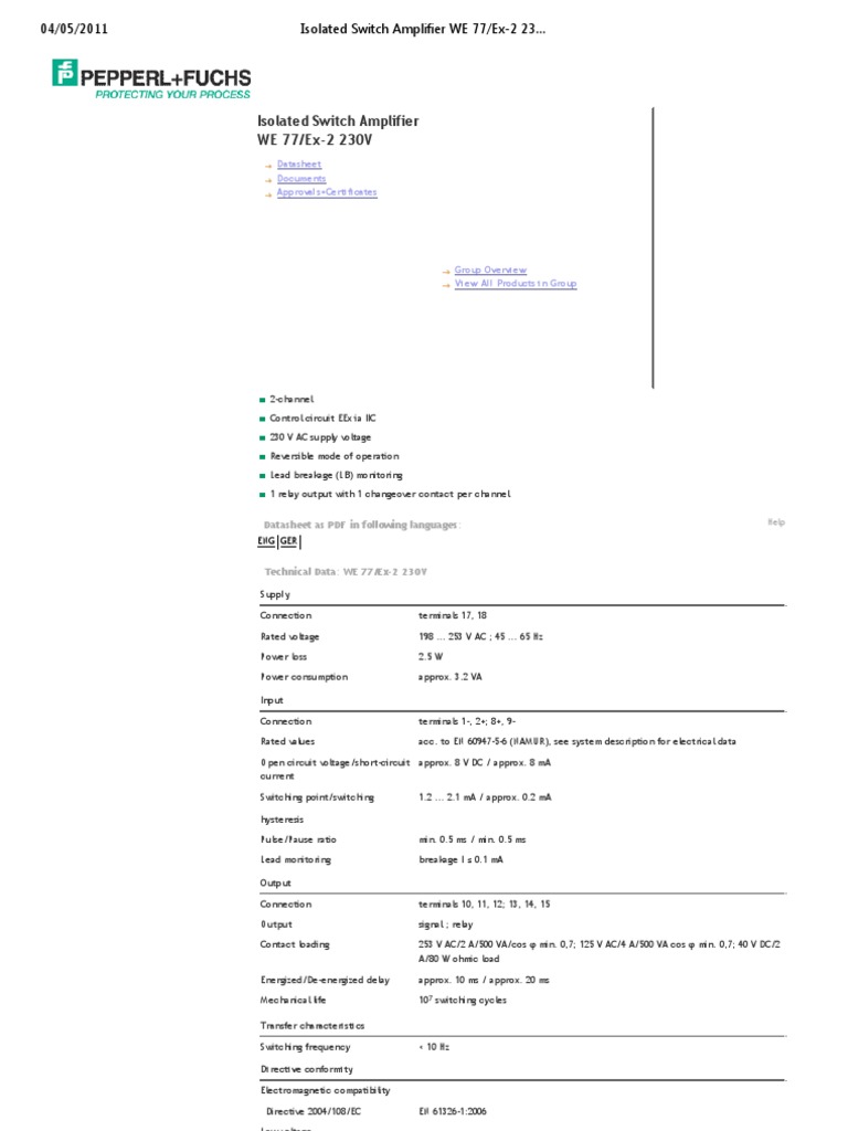 Isolated Switch Amplifier WE 77 Ex-2 230V | PDF | Relay | Alternating ...