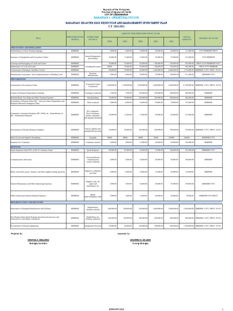 Barangay Disaster Risk Reduction and Management Investment Plan C.Y ...