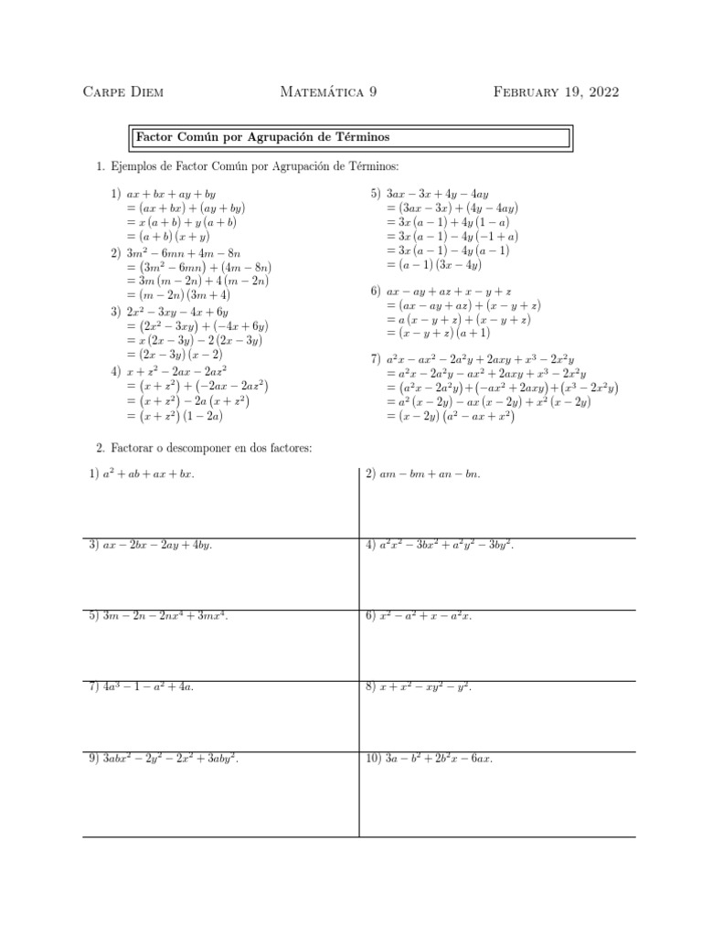 Taller - Factor Común Por Agrupación de Términos | PDF