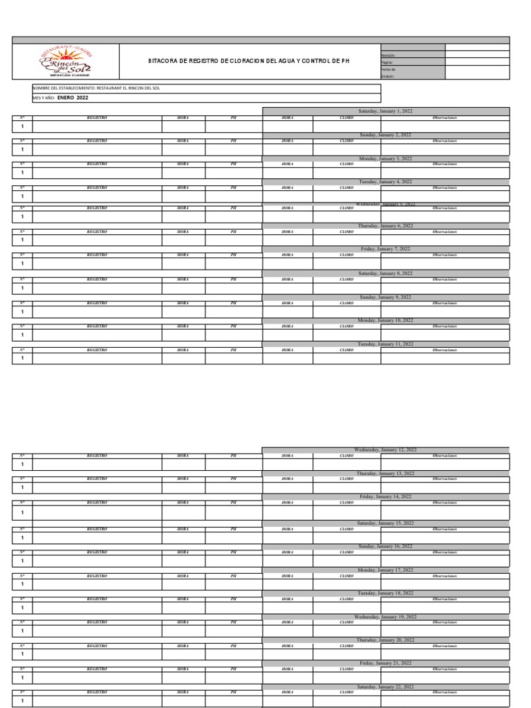 Bitacora de Registro de Cloracion Del Agua | PDF | Química | Química Física