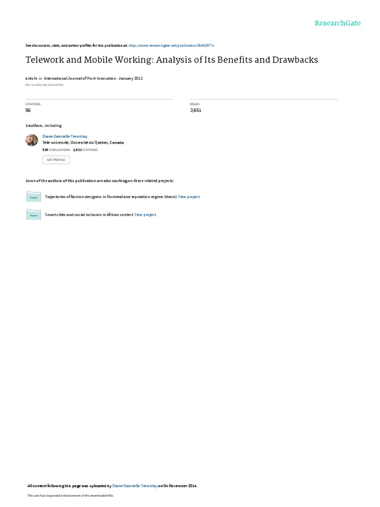 Telework and Mobile Working: Analysis of Its Benefits and Drawbacks ...