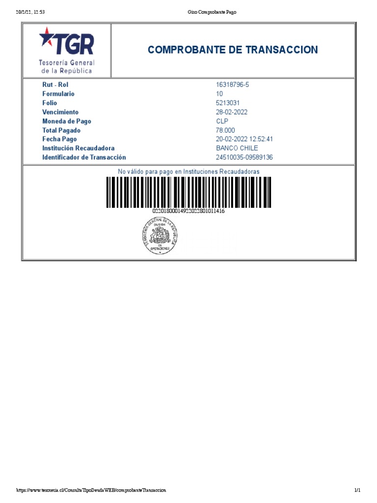 Comprobante De Pago De Deuda Tributaria Realizado El 20 De Febrero De