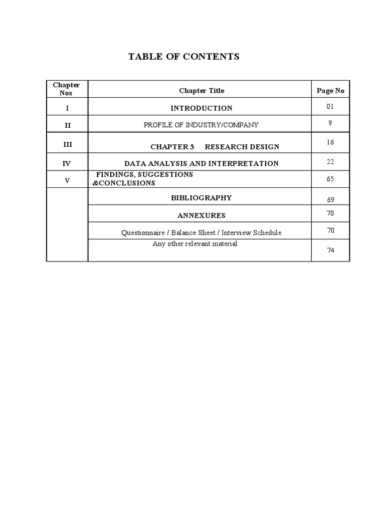Nos Chapter Title Page No I II III Research Design IV Data Analysis and ...