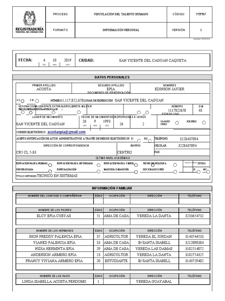 Copia de Informacion Personal Vtft07 | PDF
