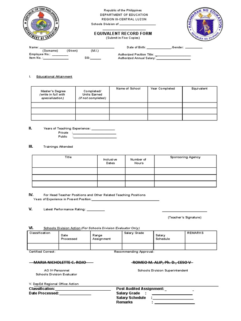 Equivalent Record Form: (Write in Full With Specialization) (If Not ...