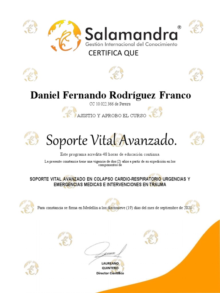 Certificado Acls Dr. Daniel Rodriguez 2021 | PDF
