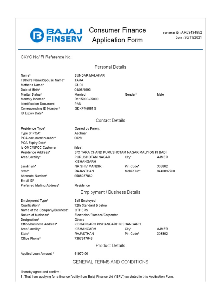 Consumer Finance Application Form: Personal Details | PDF | Loans | Cheque