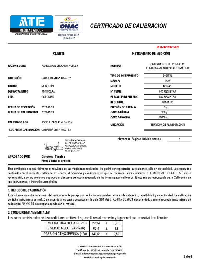 Calibración de un instrumento de pesaje digital para una fundación sin ...