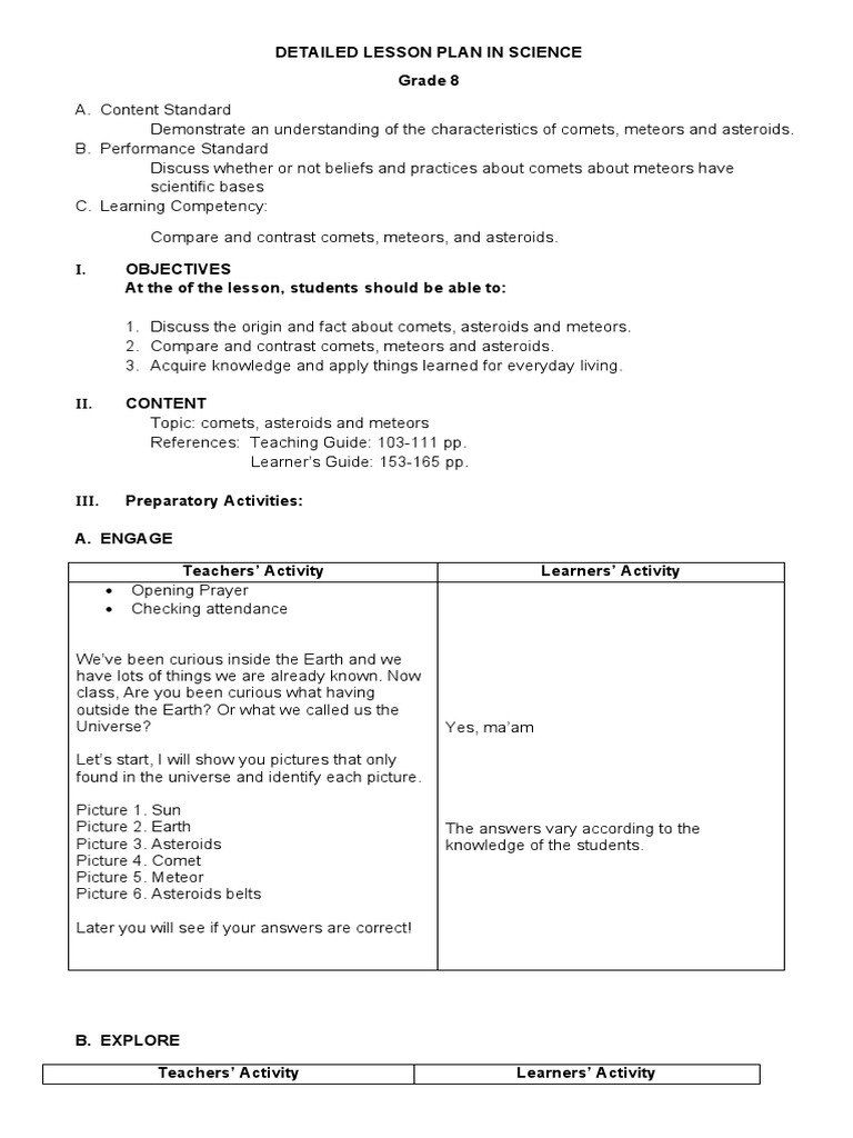 Detailed Lesson Plan in Science Grade 8 | PDF | Meteoroid | Comet