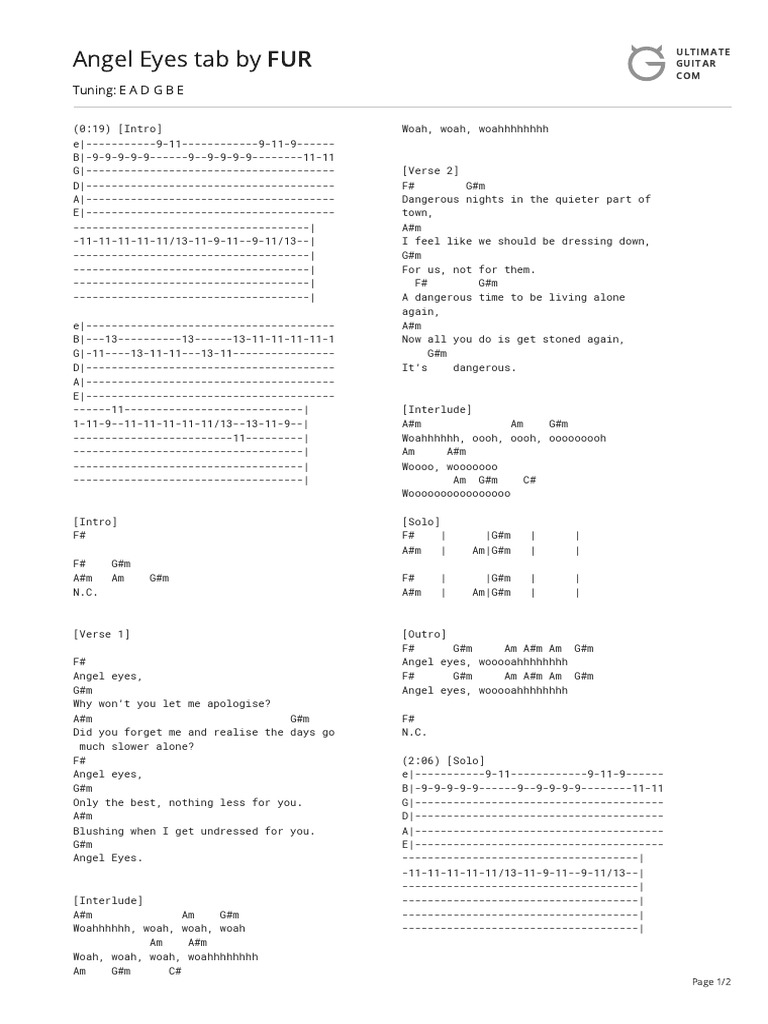 Angel Eyes Tab by FURtabs at Ultimate Guitar Archive | PDF | Musical Forms | Songs