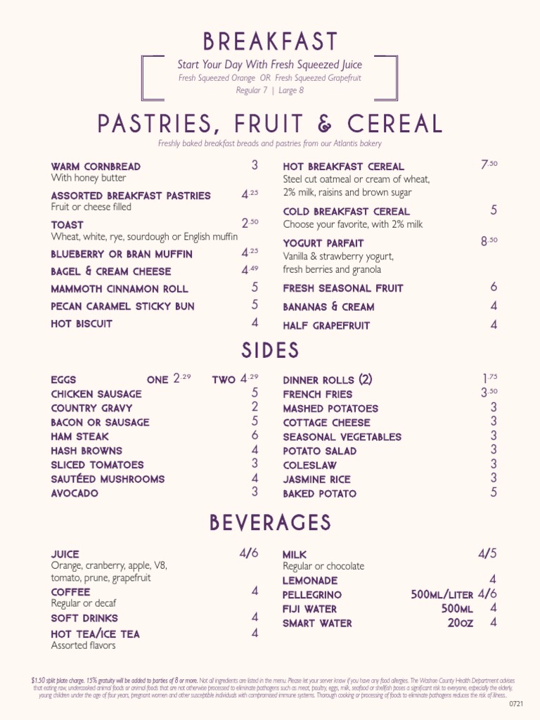 Purple Parrot Menu at Atlantis | PDF | Foods | Bacon