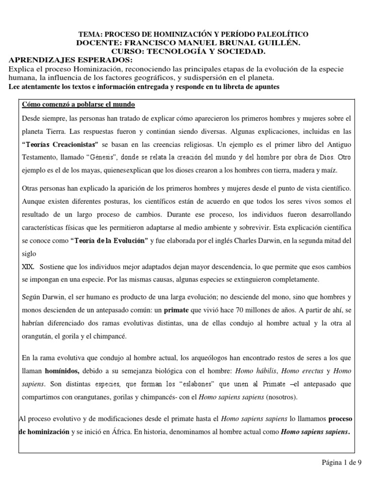 Hominización y Vida en el Paleolítico | PDF | Homo | Evolución humana