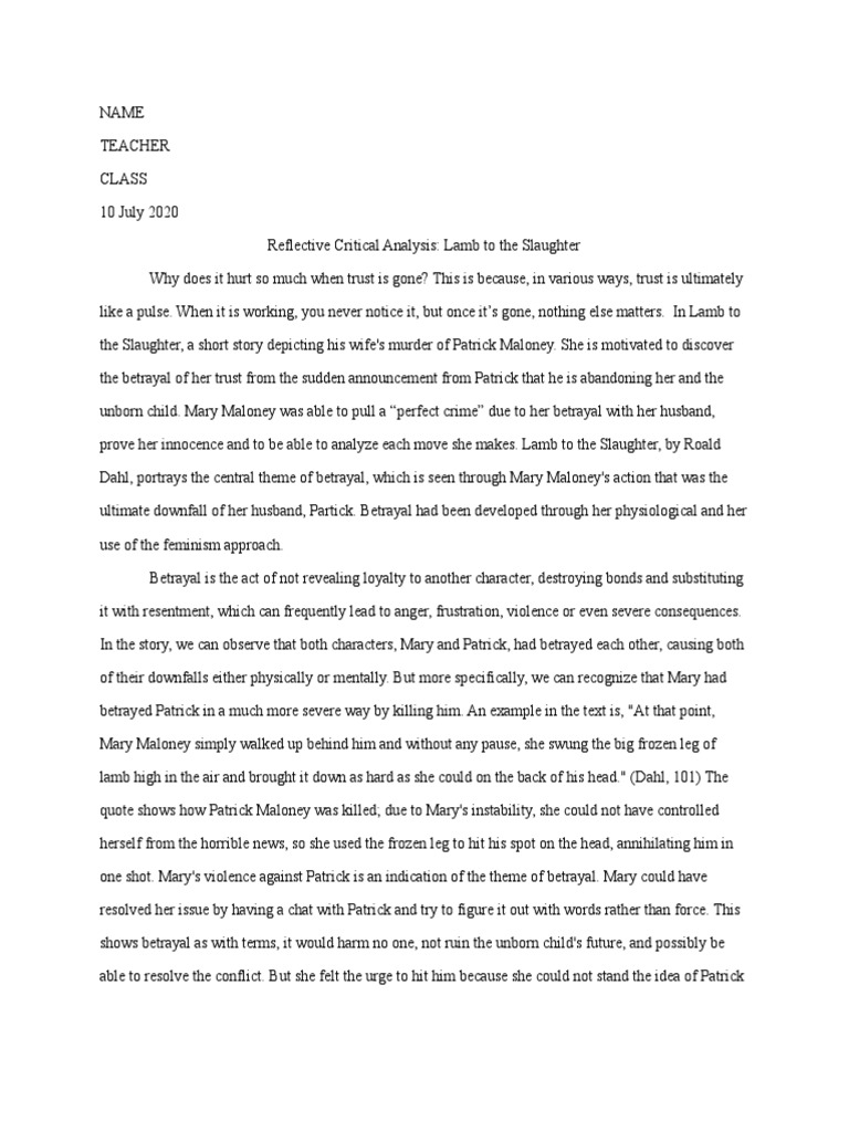 Reflective Critical Analysis Lamb To The Slaughter | PDF | Mystery ...