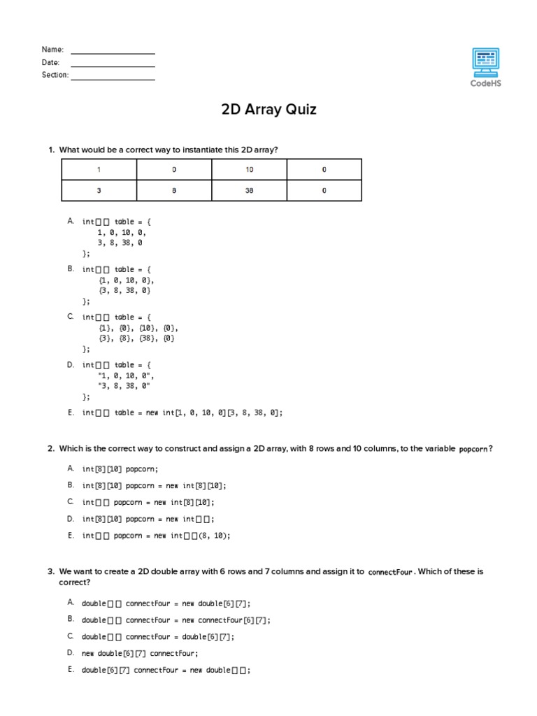 2D Array Quiz - CodeHS | Download Free PDF | Computer Engineering | Theoretical Computer Science