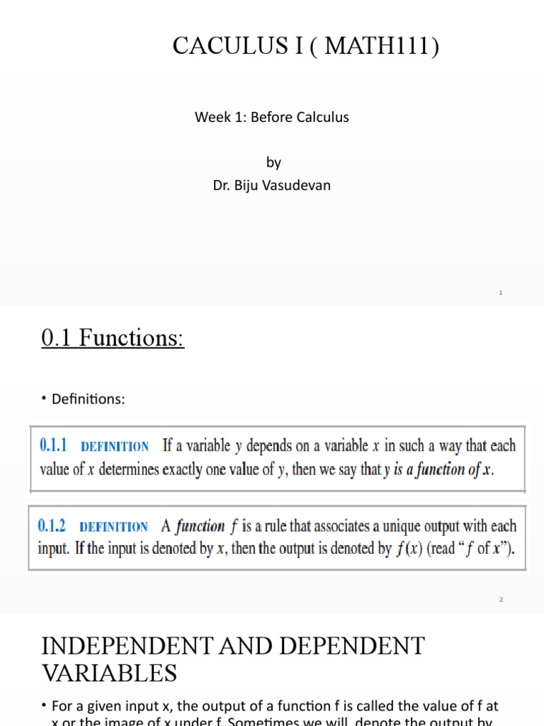 1.calculus I Math111 by DR - Biju V Week1 | PDF | Function (Mathematics) | Variable (Mathematics)
