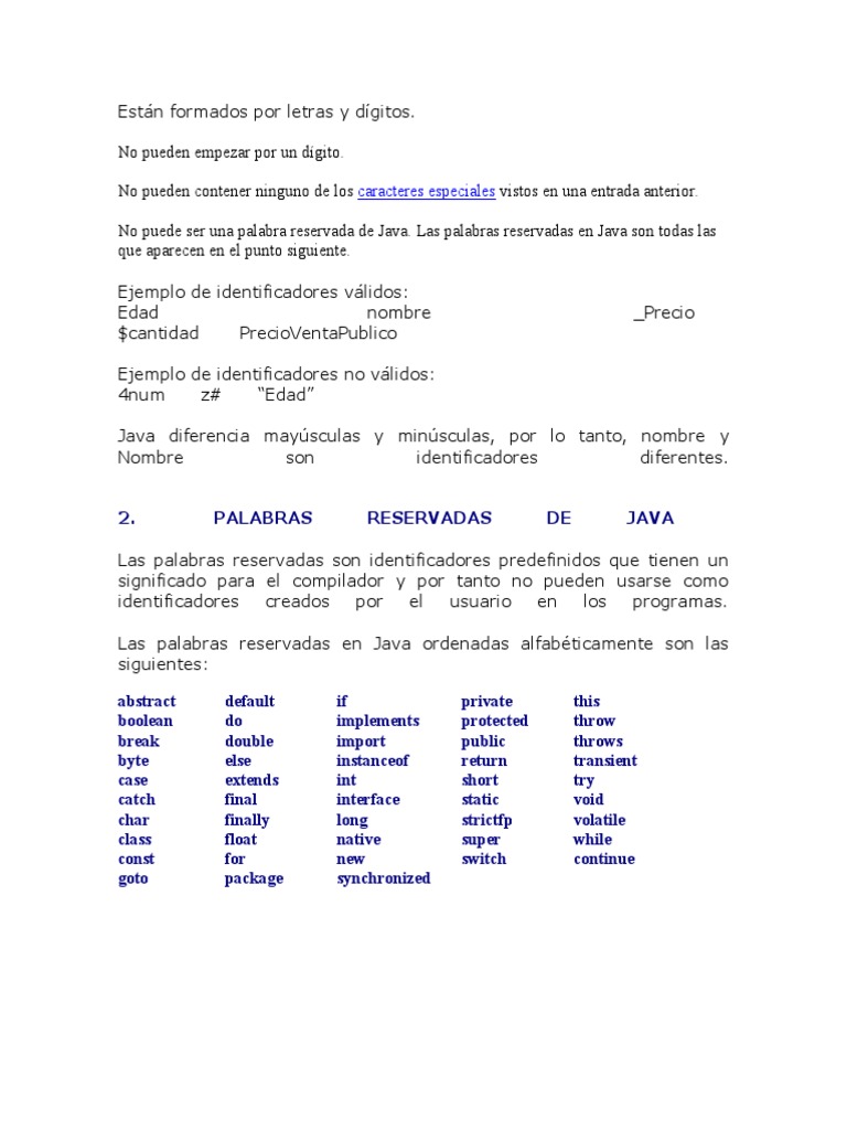 Palabras Reservadas Java | PDF