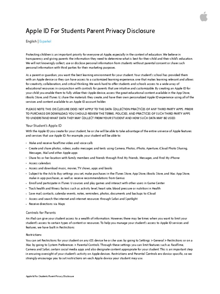 Apple ID For Students Parent Privacy Disclosure: Español | Download ...
