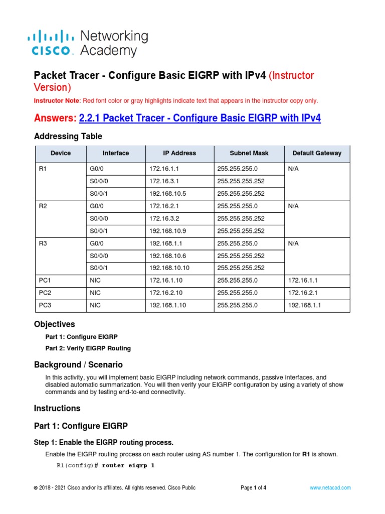 2 2 1 Packet Tracer Configure Basic Eigrp With Ipv4 Itexamanswers Pdf Router Computing