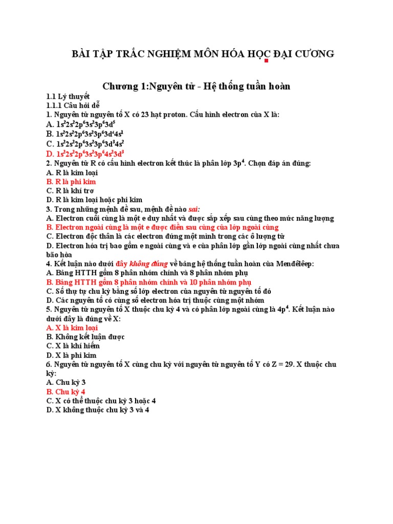 BT Tac Nghiem Ôn Tap Hoa Dai Cuong Gui SV (Repaired) | PDF