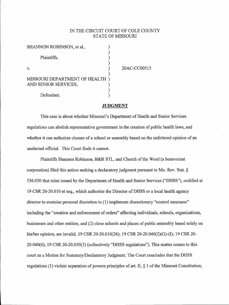 Shannon Robinson V Missouri Dept of Health Mandates | PDF