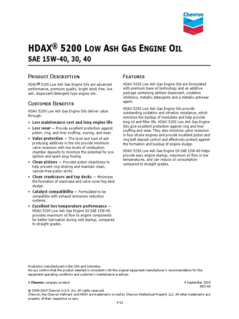 HDAX 5200 Low Ash Gas Engine Oils | PDF | Motor Oil | Engines