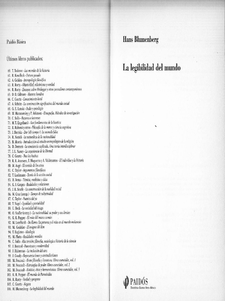Hans Blumenberg - La Legibilidad Del Mundo | PDF