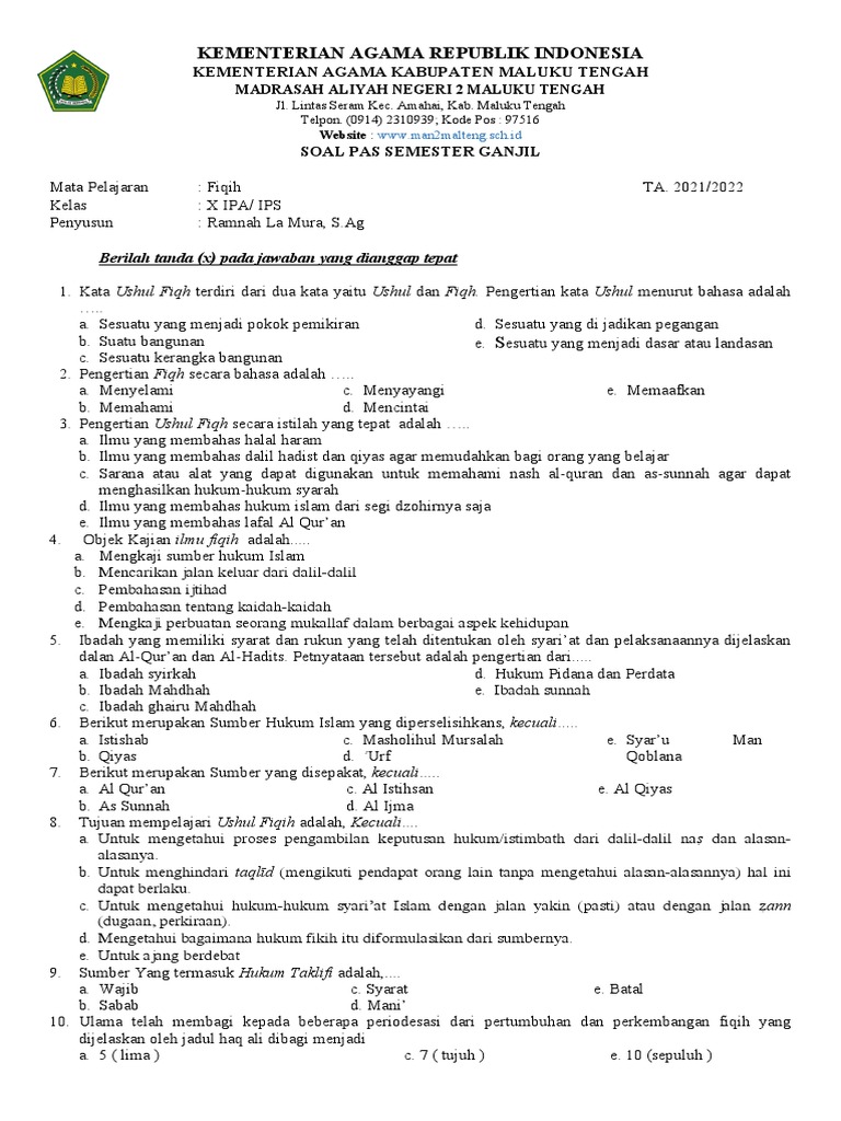 Editsoal PTS Dan Jawaban Ushul Fikih Kelas X XI Dan XII Fix | PDF