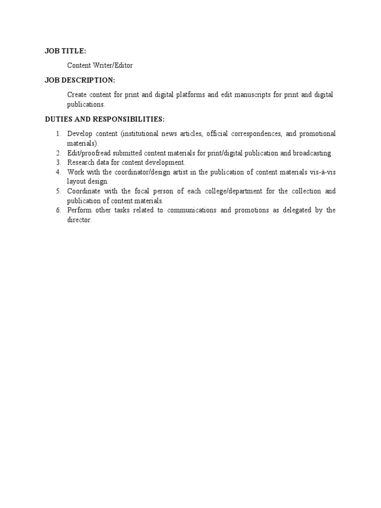 Job Description - Content Writer and Editor | PDF | Art