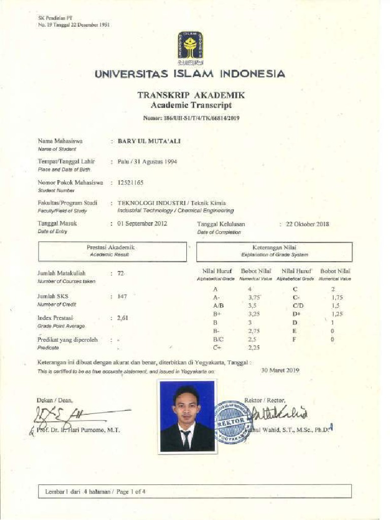 Universitas Islam Indonesia: Transkrip Akademik Academic Transcript | PDF | Engineering ...