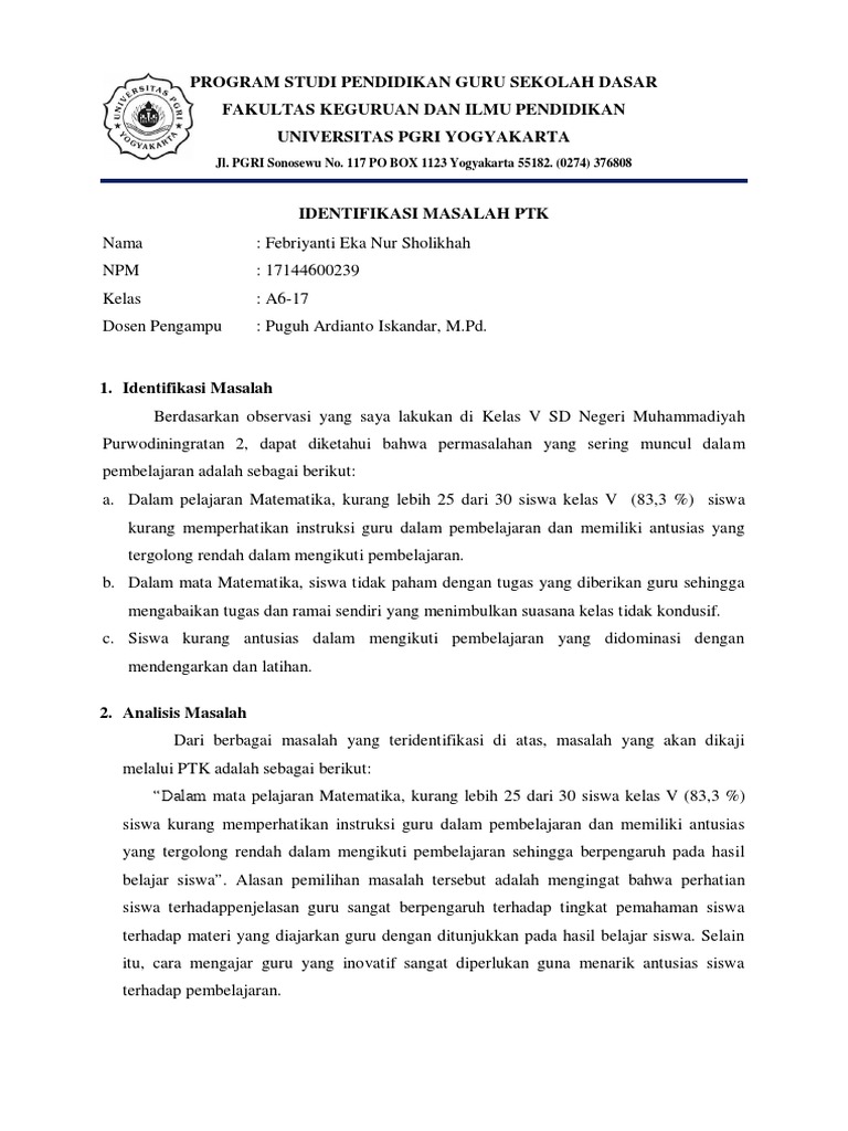 IDENTIFIKASI MASALAH PTK - Febriyanti Eka - 239 | PDF