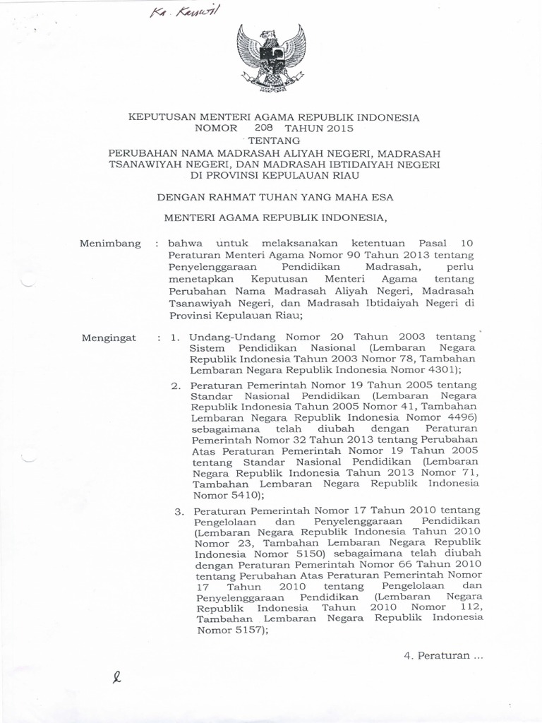 KMA 208 Tahun 2015 Perubahan Nama Madrasah Negeri Kepri | PDF