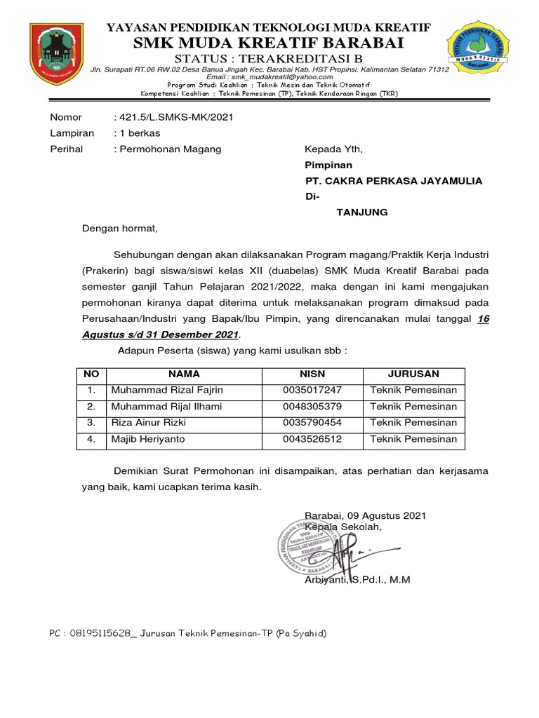 Surat Permohonan PI PT. Cakra Perkasa Jayamulia | PDF