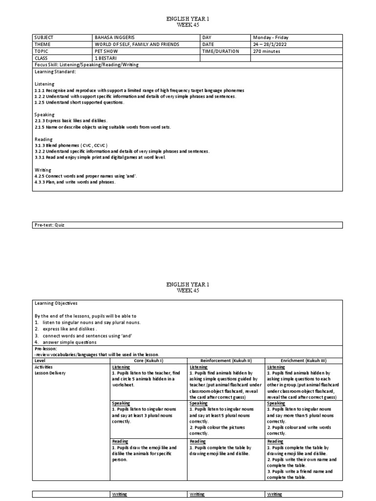 RPH Year 1 - Week 45 | PDF | Grammatical Number | English Language