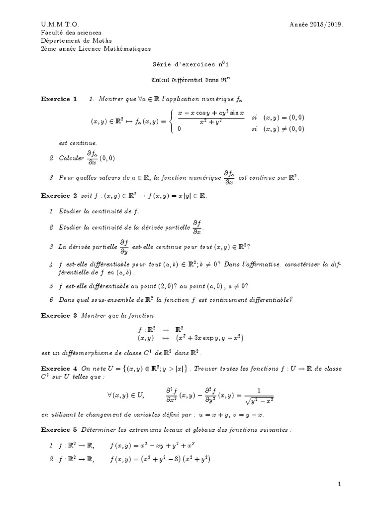 Série Dexercices No 1 Calcul Différentiel | PDF | Soustraction | Calcul différentiel