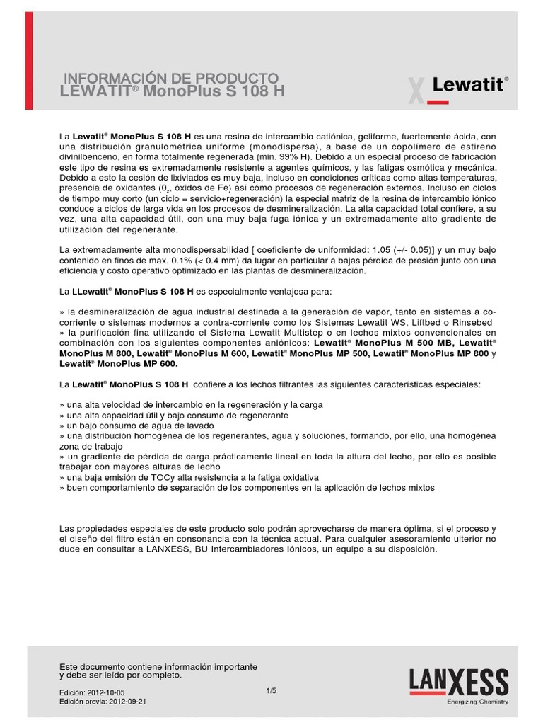 Lewatit MonoPlus S 108 H SP L | PDF | Ácido sulfúrico | Agua